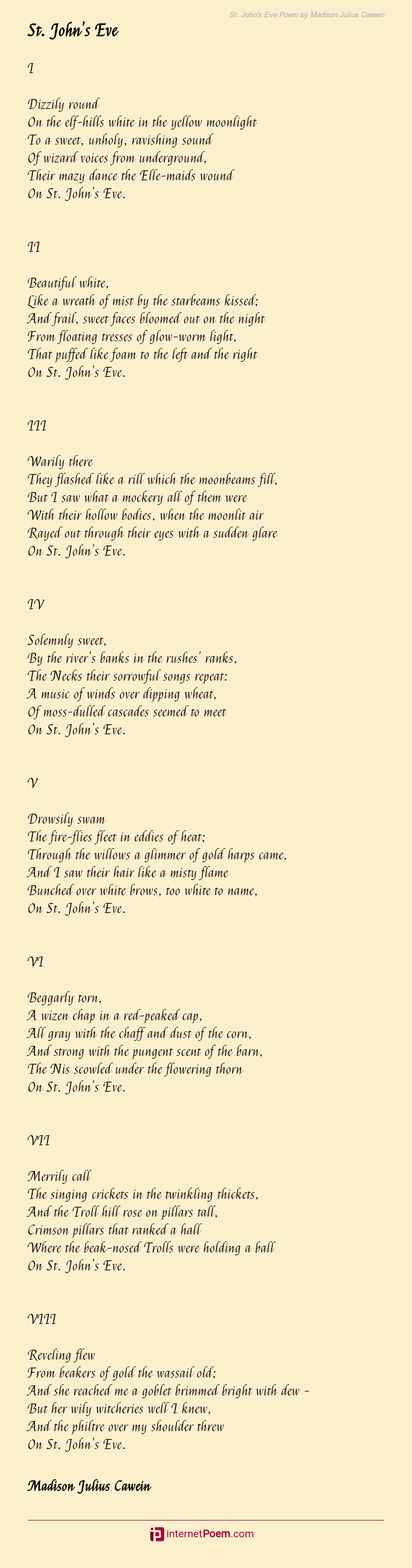 St. John's Eve Poem by Madison Julius Cawein