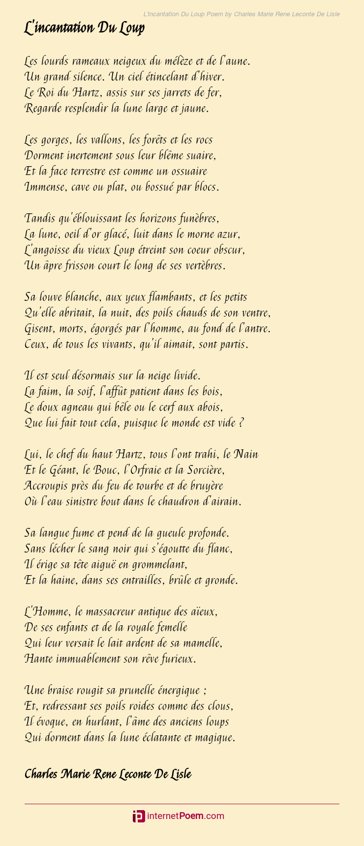 L'incantation Du Loup Poem by Charles Marie Rene Leconte De Lisle