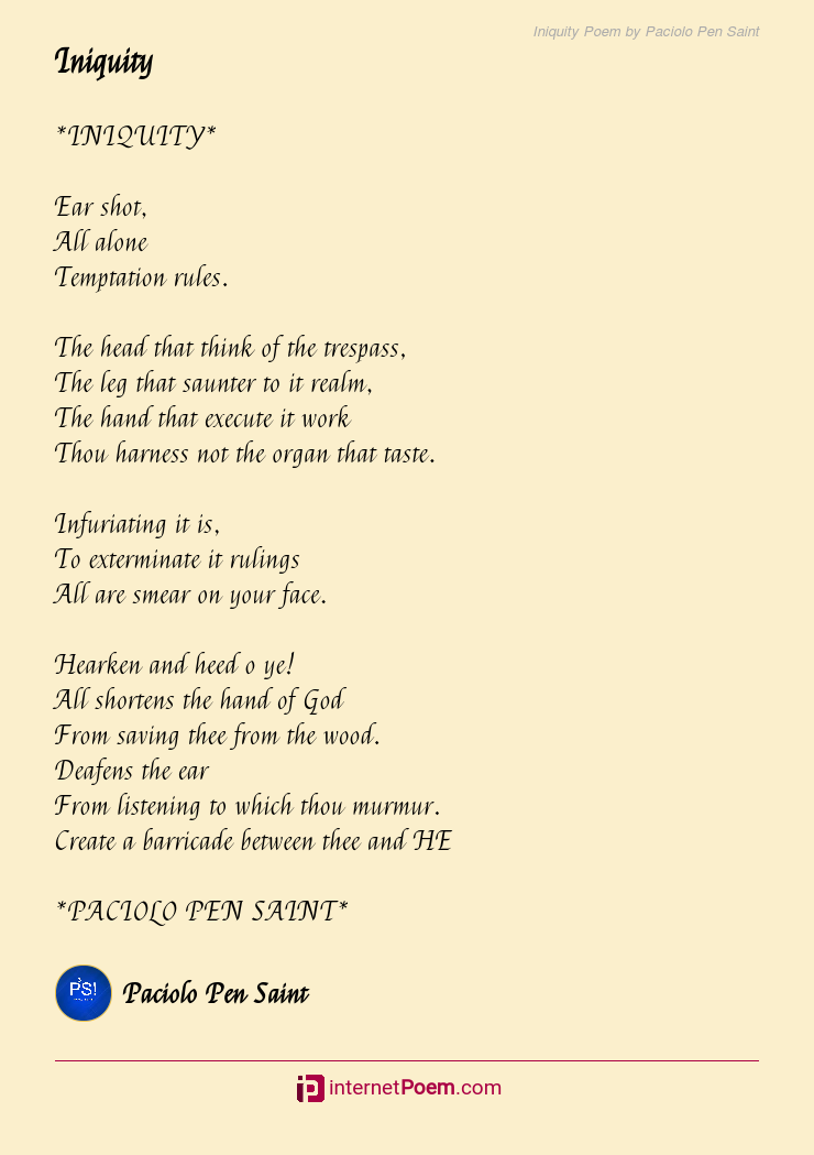 Iniquity Poem by Paciolo Pen Saint