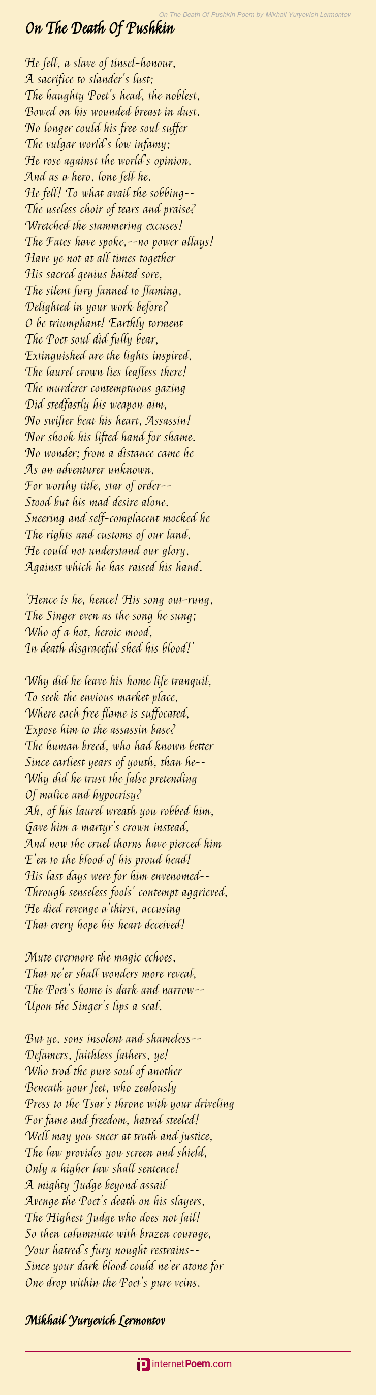 On The Death Of Pushkin Poem by Mikhail Yuryevich Lermontov