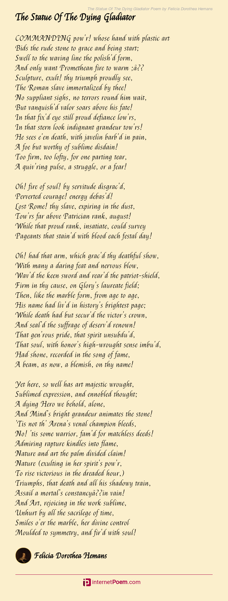 The Statue Of The Dying Gladiator Poem by Felicia Dorothea Hemans
