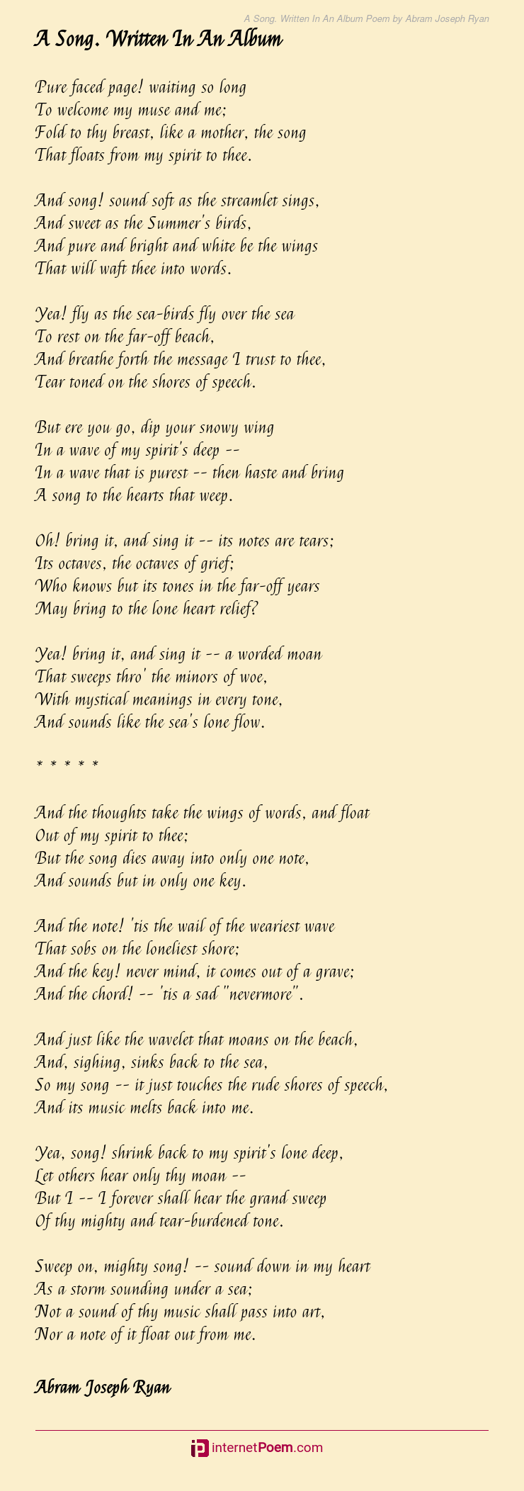 A Song. Written In An Album Poem by Abram Joseph Ryan