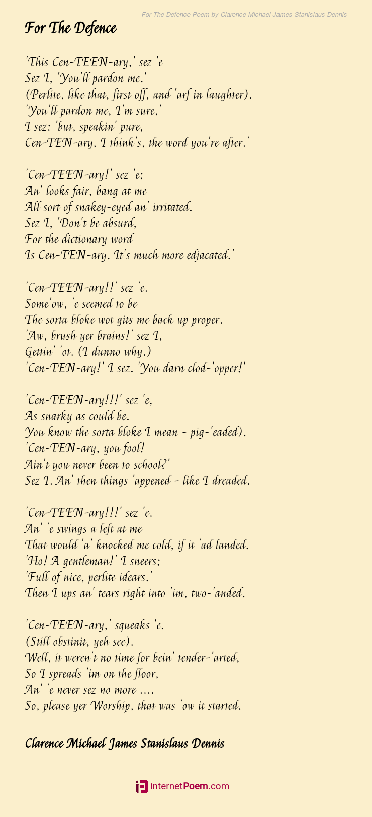 For The Defence Poem by Clarence Michael James Stanislaus Dennis