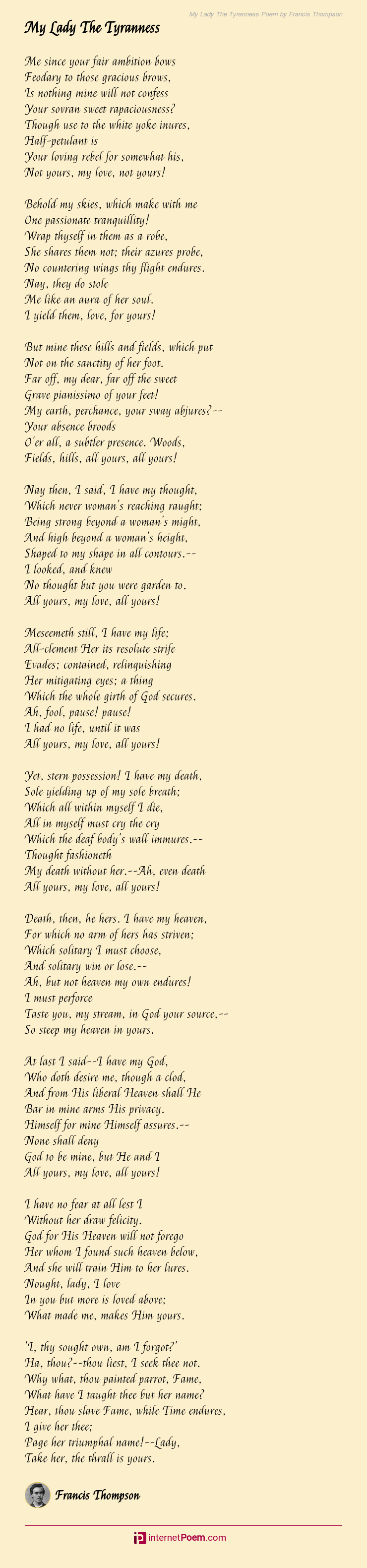 My Lady The Tyranness Poem by Francis Thompson
