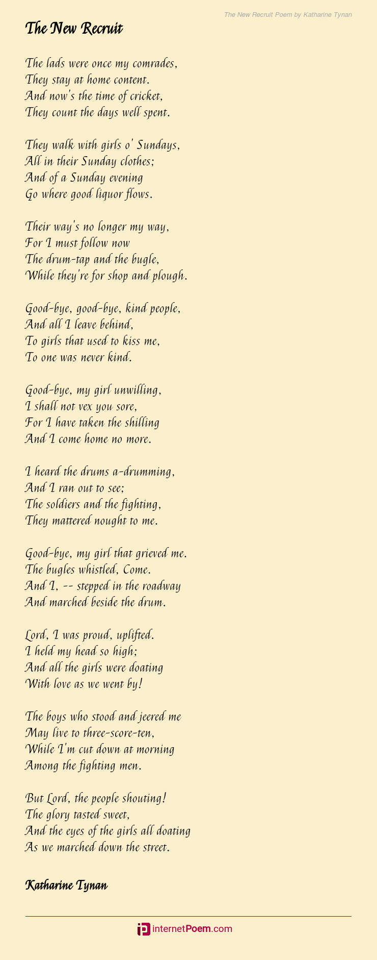 The New Recruit Poem by Katharine Tynan