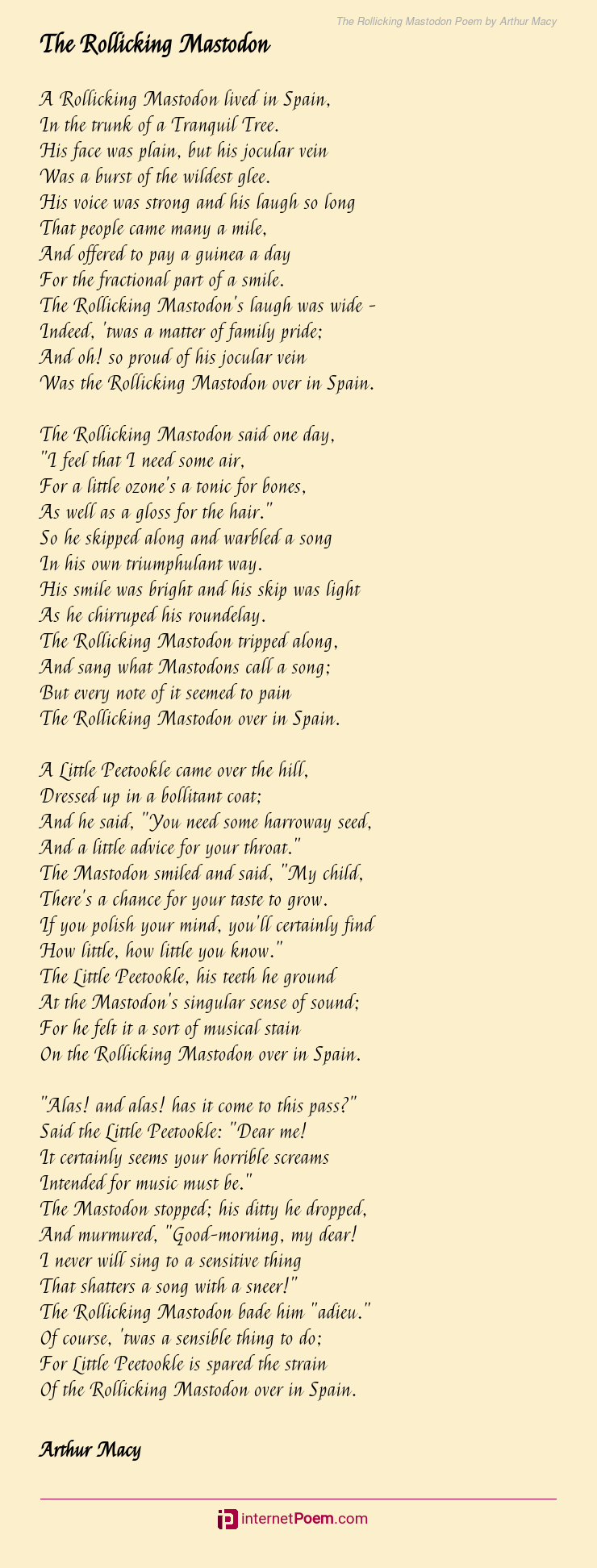 The Rollicking Mastodon Poem by Arthur Macy