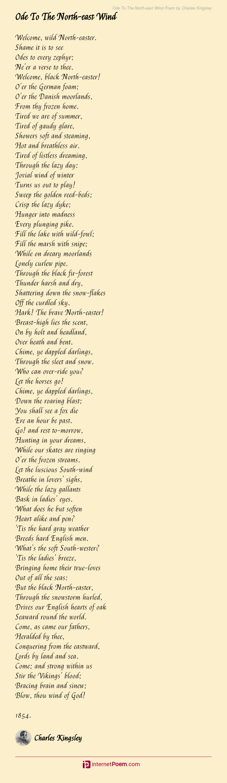 Ode To The North-east Wind Poem by Charles Kingsley