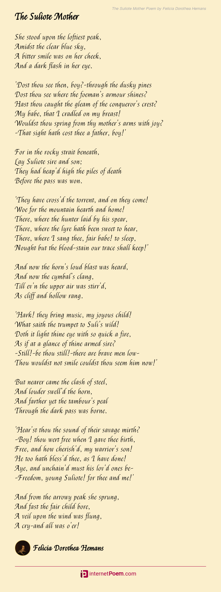 The Suliote Mother Poem by Felicia Dorothea Hemans