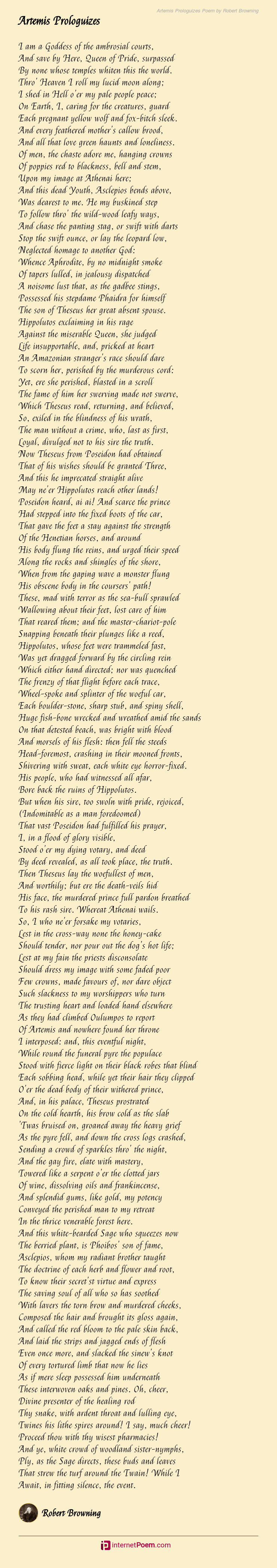 Artemis Prologuizes Poem by Robert Browning