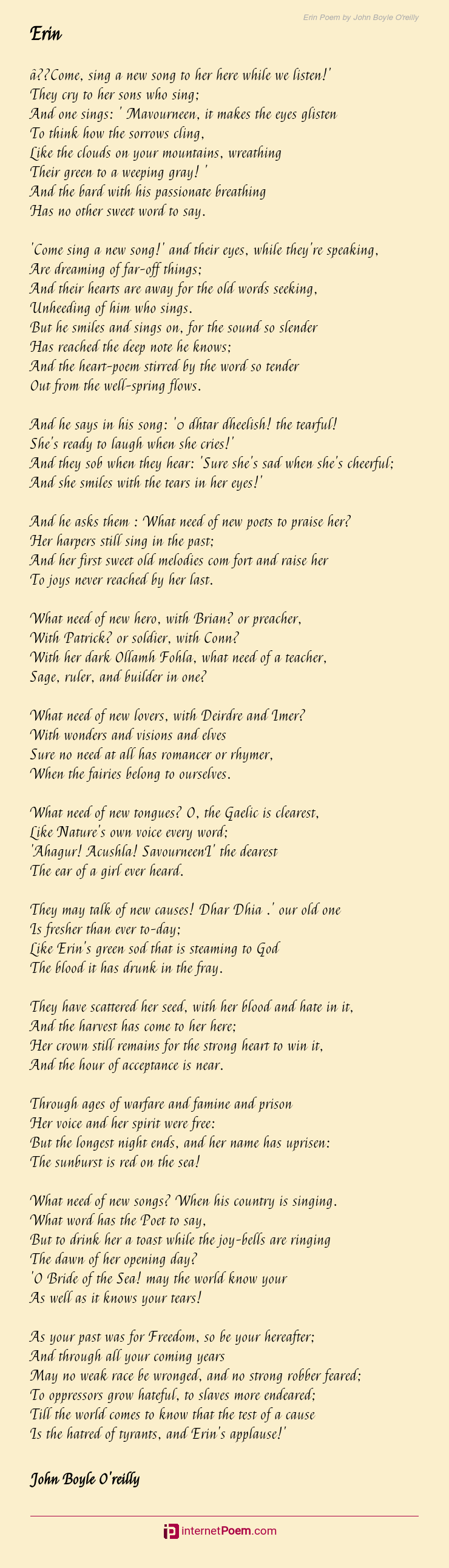 Erin Poem by John Boyle O'reilly