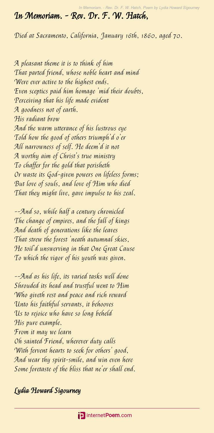 In Memoriam. - Rev. Dr. F. W. Hatch, Poem by Lydia Howard Sigourney