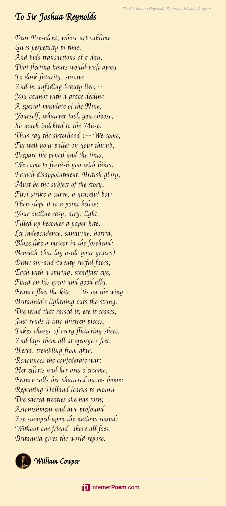 To Sir Joshua Reynolds Poem by William Cowper
