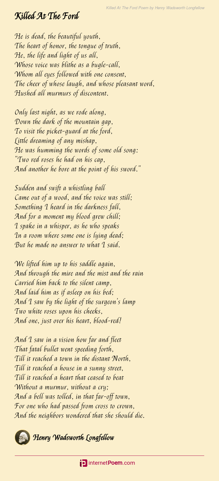 Killed At The Ford Poem by Henry Wadsworth Longfellow