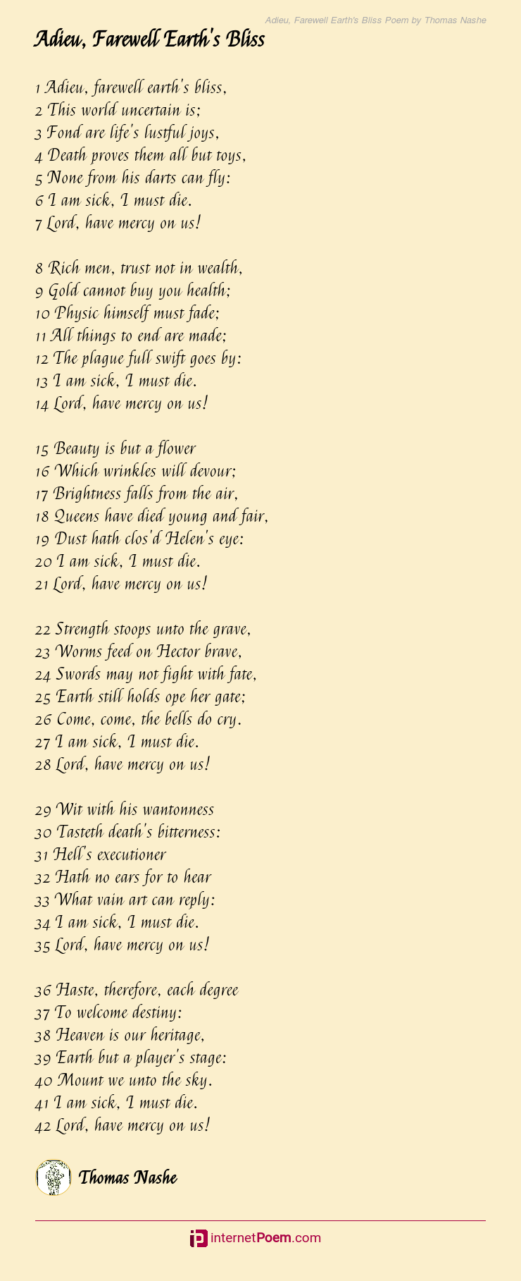 Adieu, Farewell Earth's Bliss Poem by Thomas Nashe