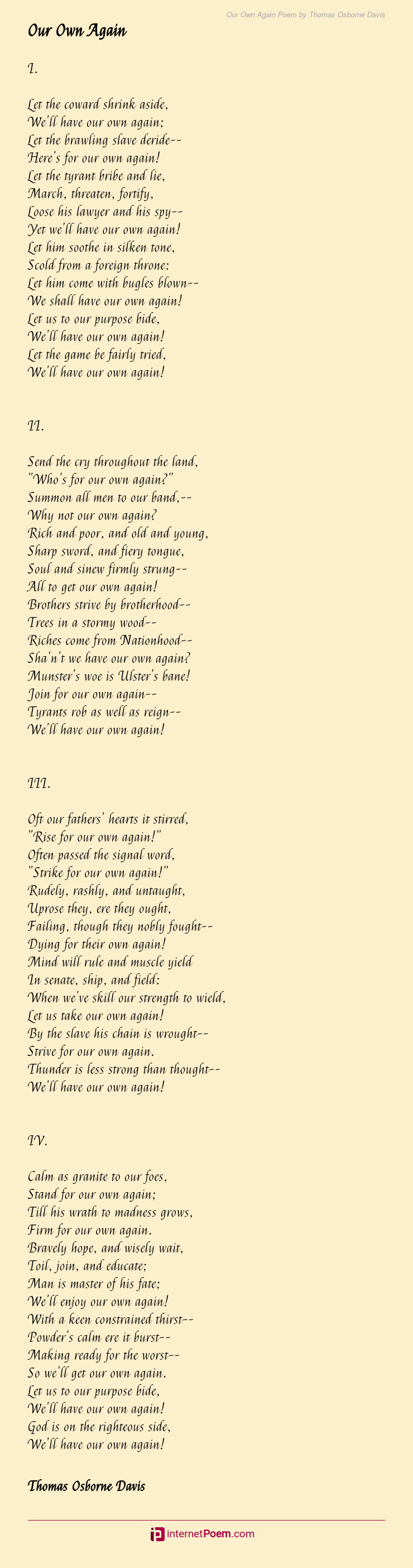 Our Own Again Poem by Thomas Osborne Davis