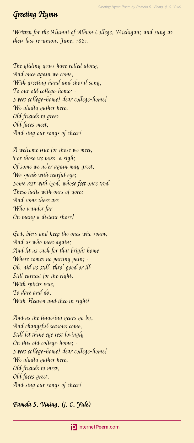 Greeting Hymn Poem by Pamela S. Vining, (j. C. Yule)