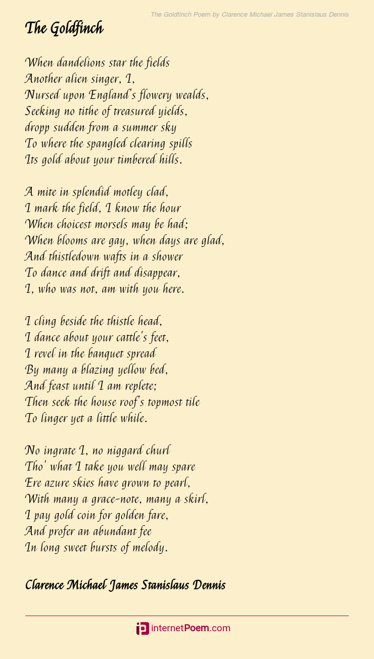 The Goldfinch Poem by Clarence Michael James Stanislaus Dennis