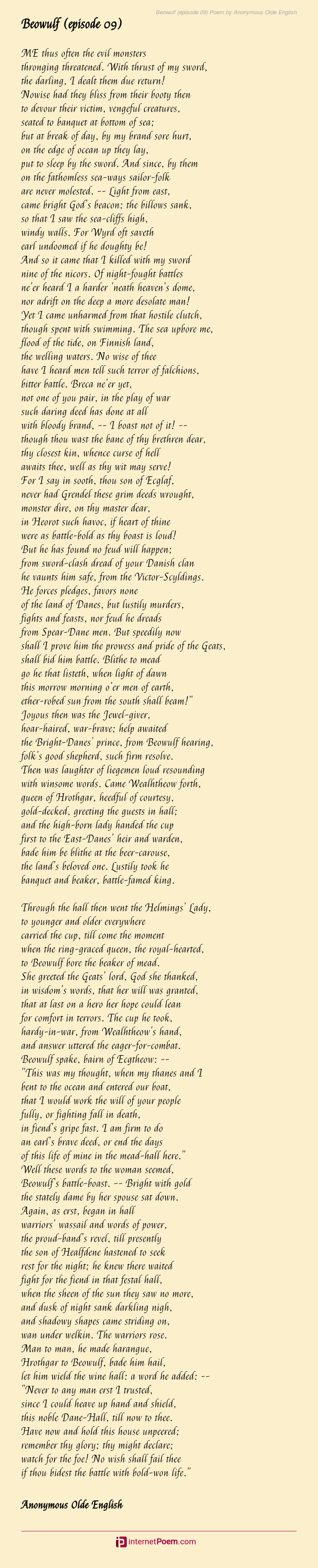 Beowulf (episode 09) Poem by Anonymous Olde English
