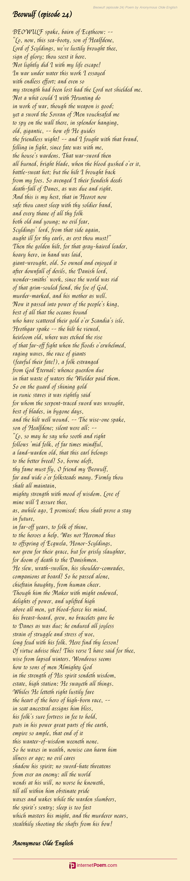 Beowulf (episode 24) Poem by Anonymous Olde English