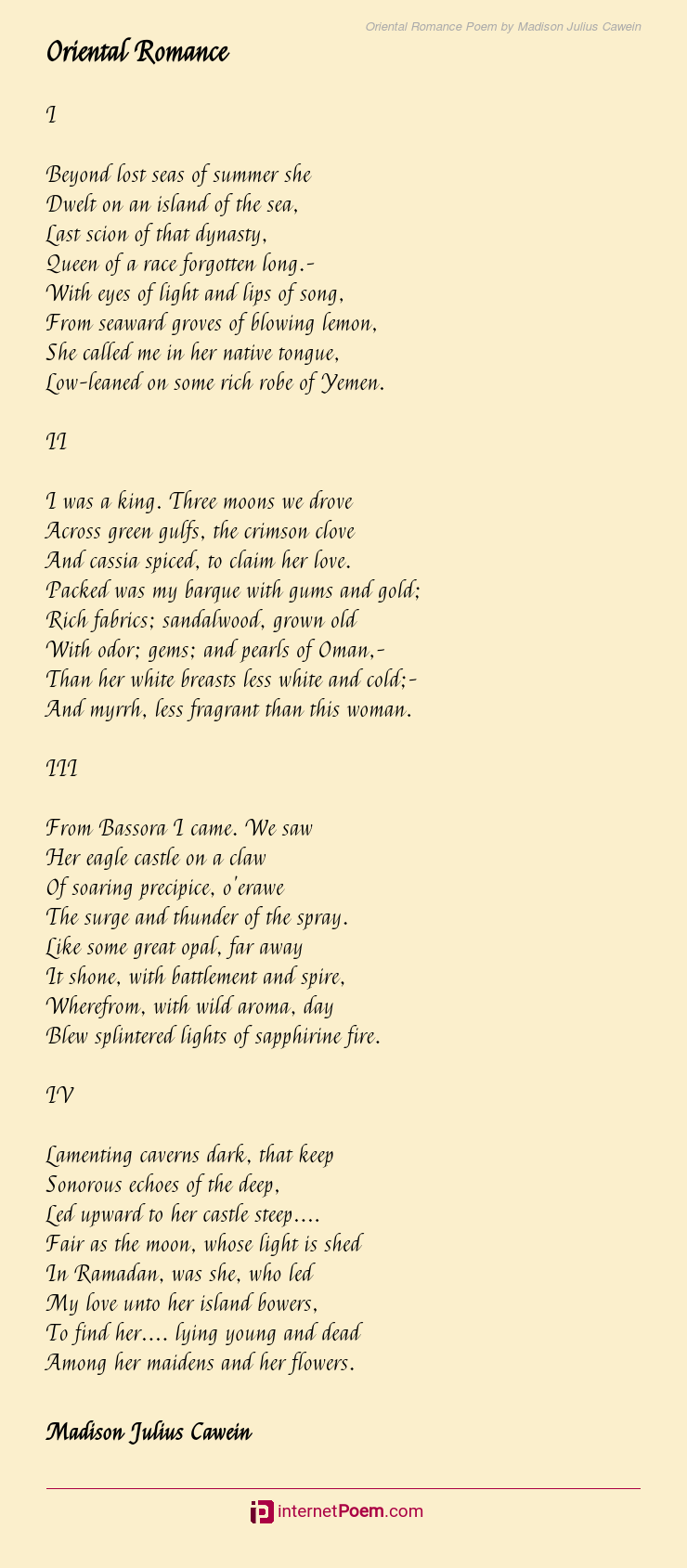 Oriental Romance Poem by Madison Julius Cawein