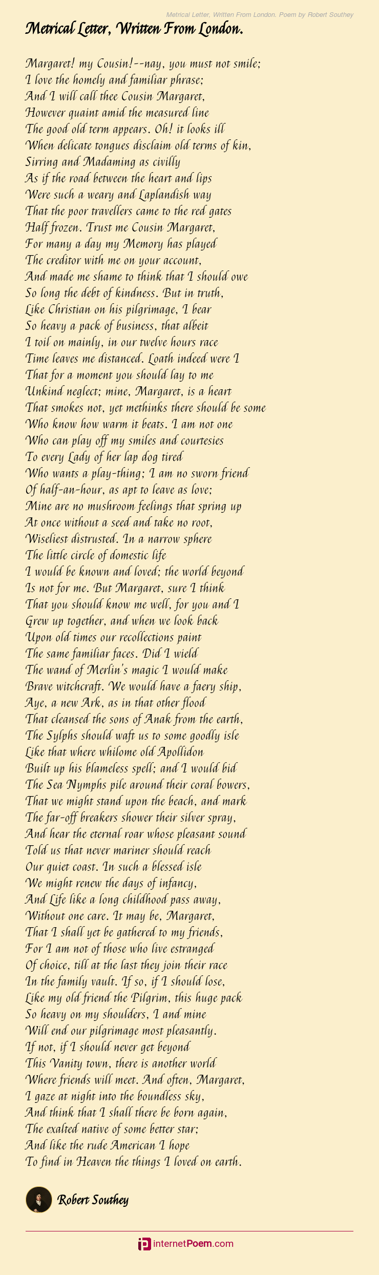 Metrical Letter, Written From London. Poem by Robert Southey