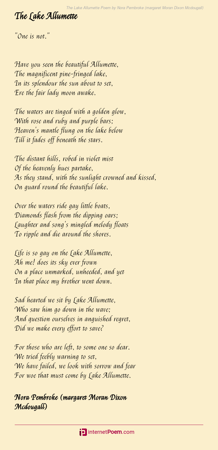 The Lake Allumette Poem by Nora Pembroke (margaret Moran Dixon Mcdougall)