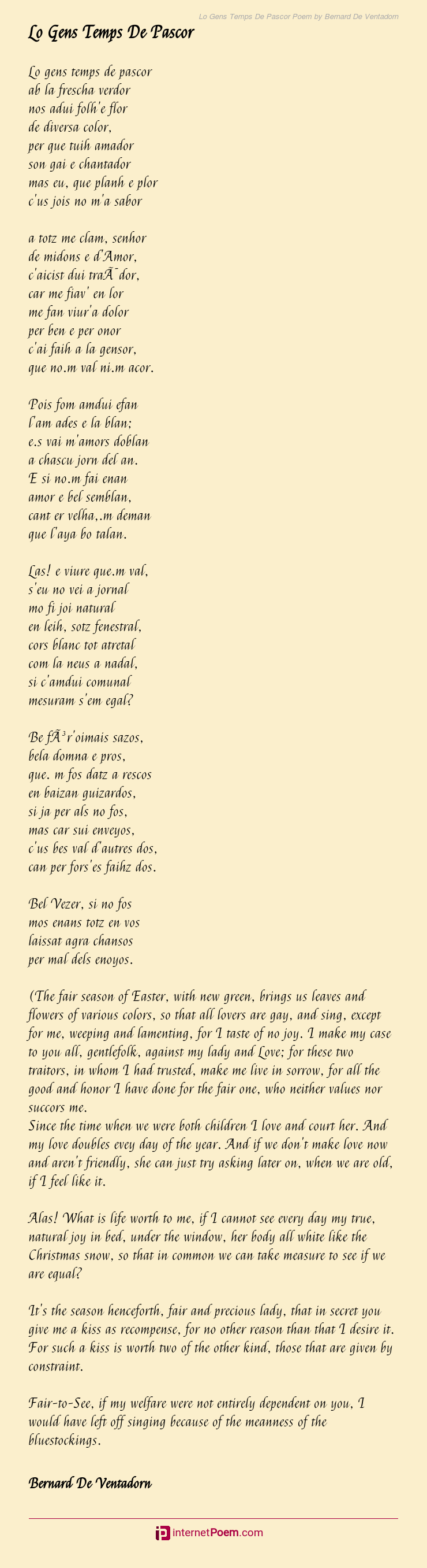 Lo Gens Temps De Pascor Poem by Bernard De Ventadorn