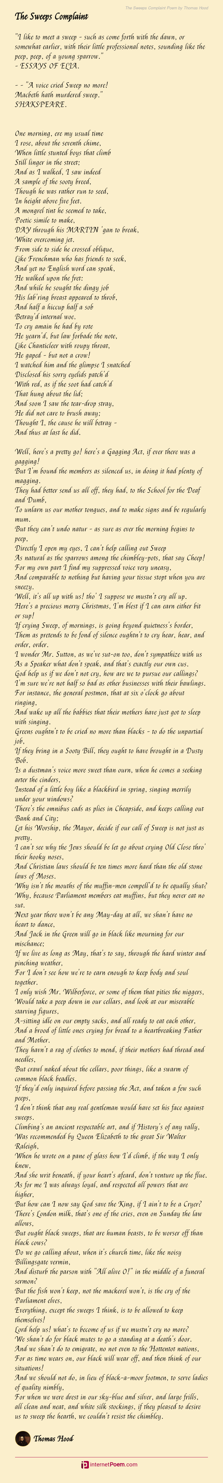 The Sweeps Complaint Poem by Thomas Hood