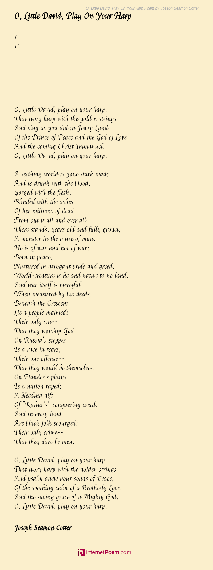 O, Little David, Play On Your Harp Poem by Joseph Seamon Cotter