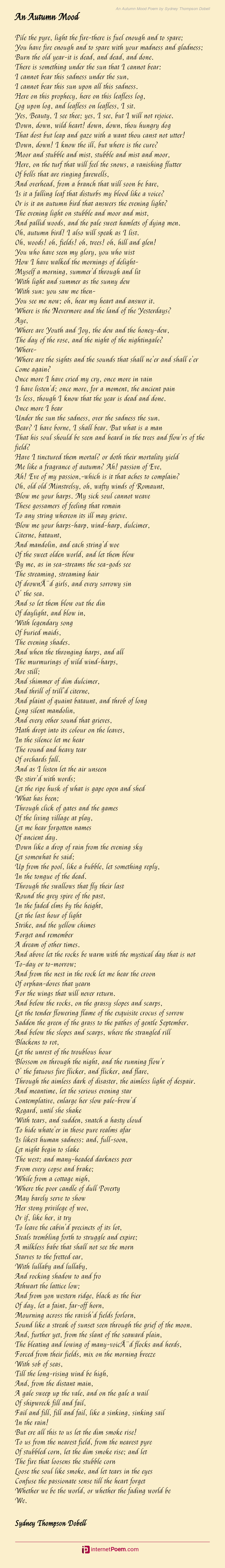 An Autumn Mood Poem by Sydney Thompson Dobell