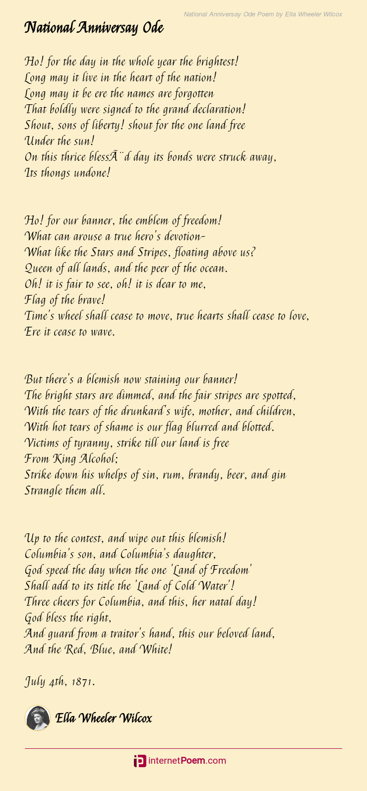 National Anniversay Ode Poem by Ella Wheeler Wilcox