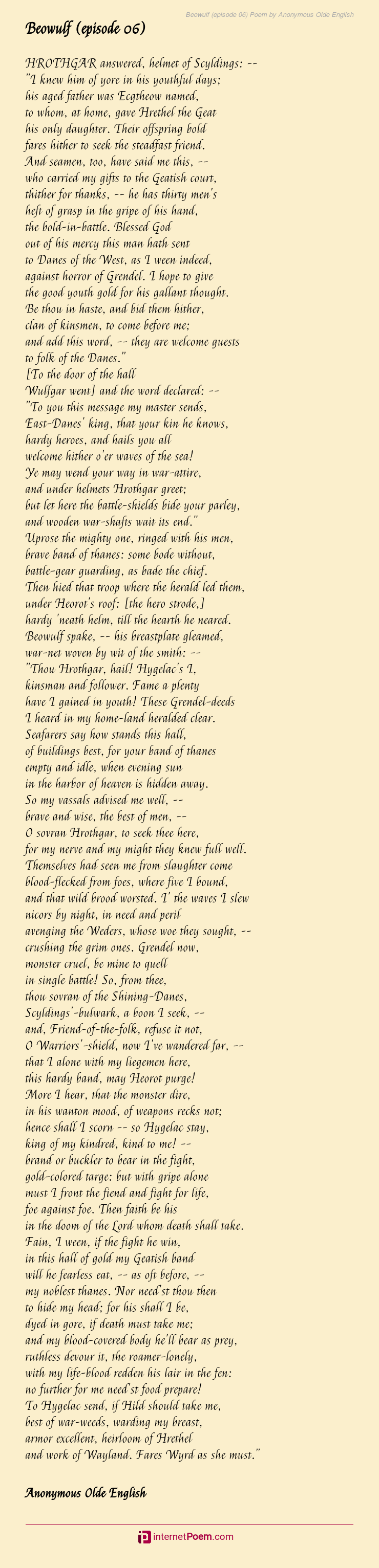 Beowulf (episode 06) Poem by Anonymous Olde English