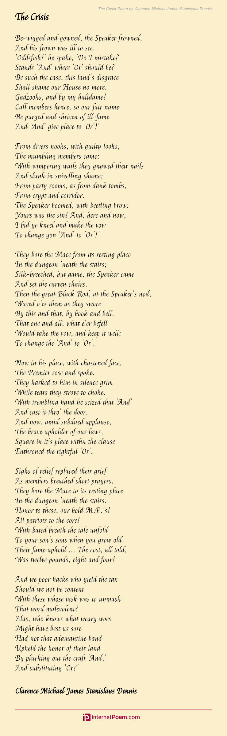 The Crisis Poem by Clarence Michael James Stanislaus Dennis