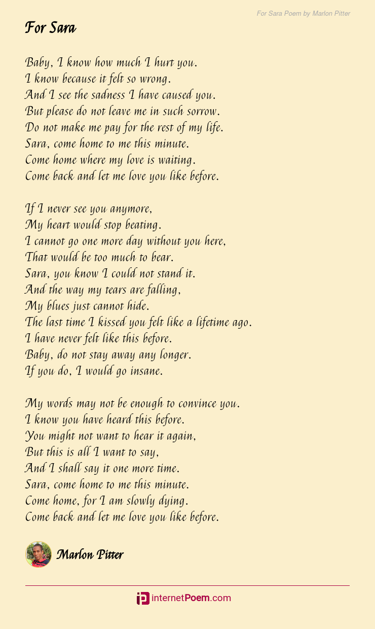 For Sara Poem by Marlon Pitter