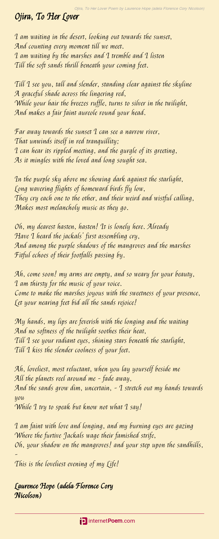 Ojira, To Her Lover Poem by Laurence Hope (adela Florence Cory Nicolson)