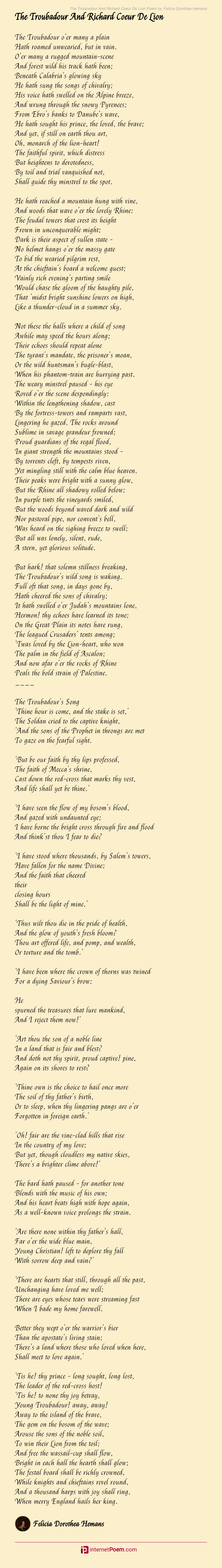 The Troubadour And Richard Coeur De Lion Poem by Felicia Dorothea Hemans
