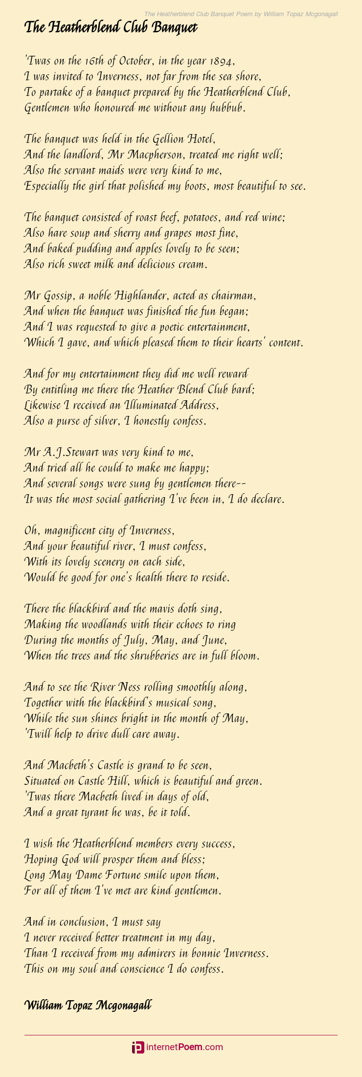 The Heatherblend Club Banquet Poem by William Topaz Mcgonagall