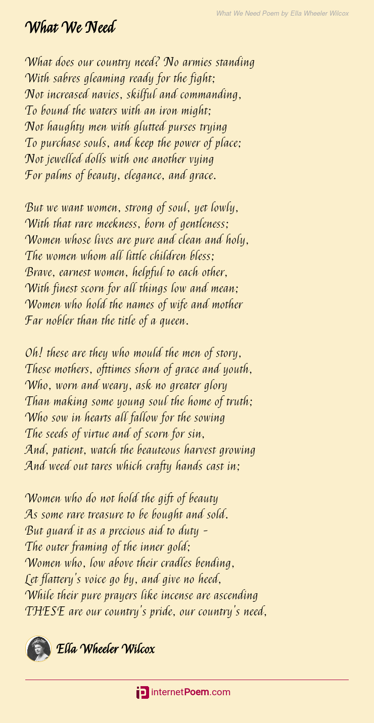 What We Need Poem by Ella Wheeler Wilcox