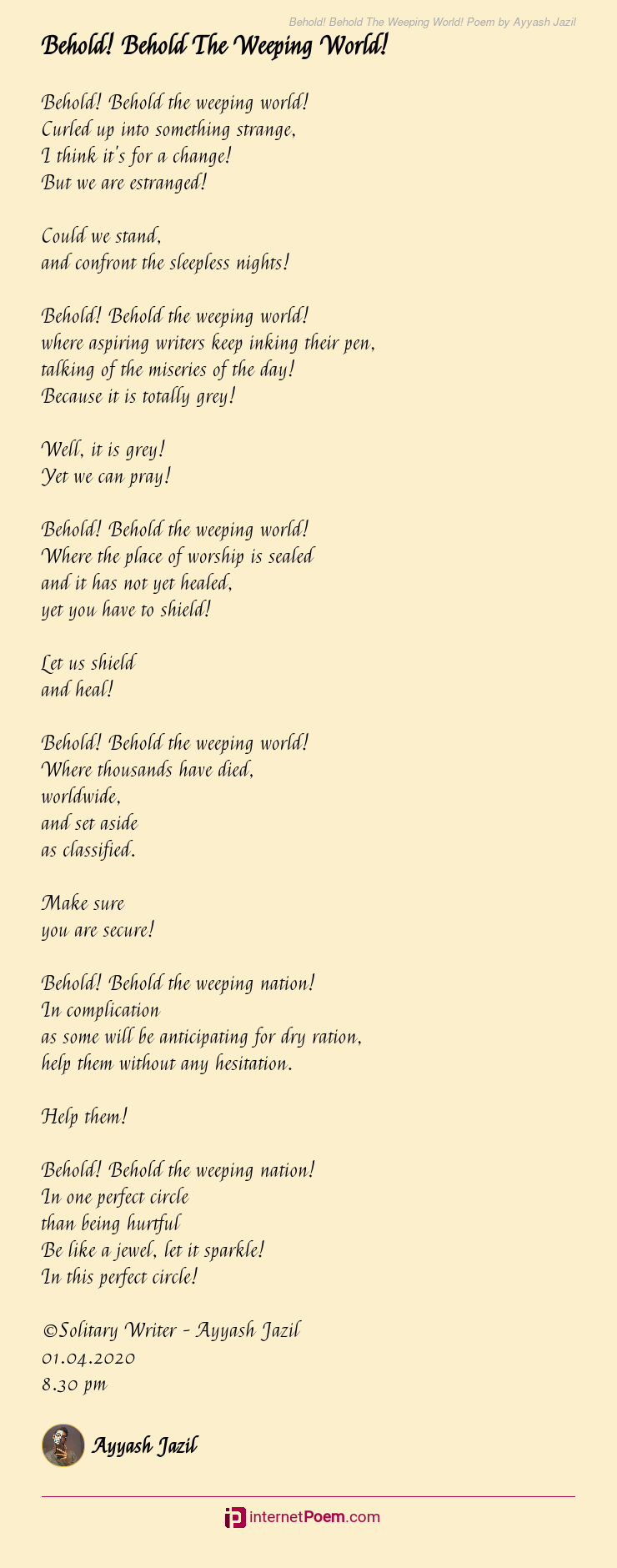 Behold! Behold The Weeping World! Poem by Ayyash Jazil