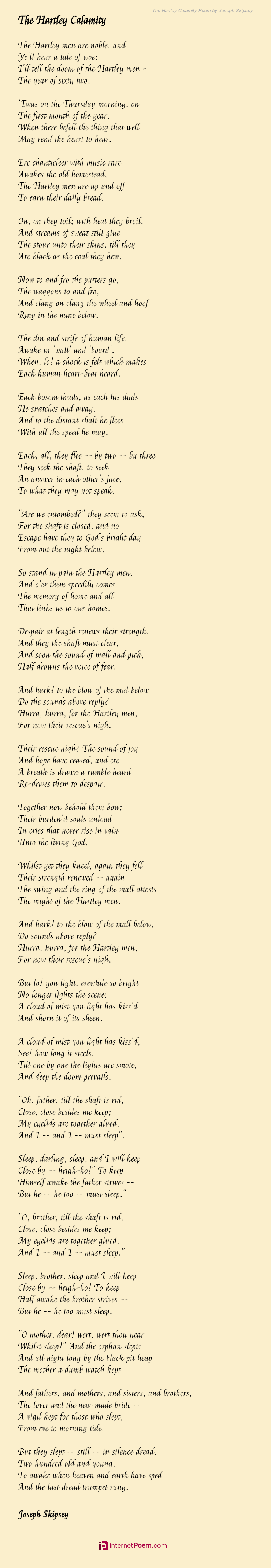 The Hartley Calamity Poem by Joseph Skipsey