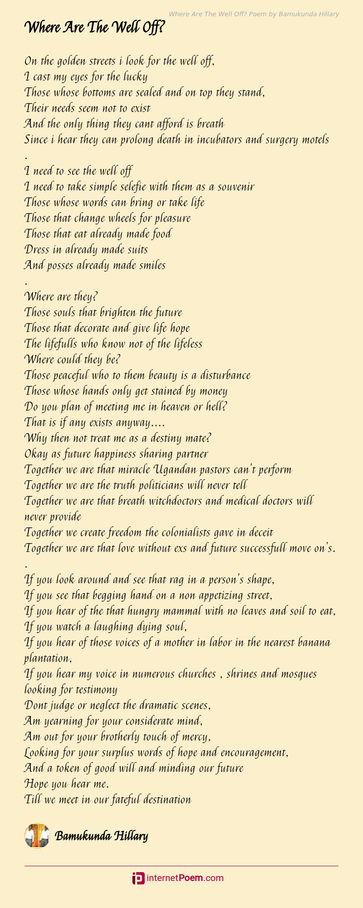 Where Are The Well Off? Poem by Bamukunda Hillary