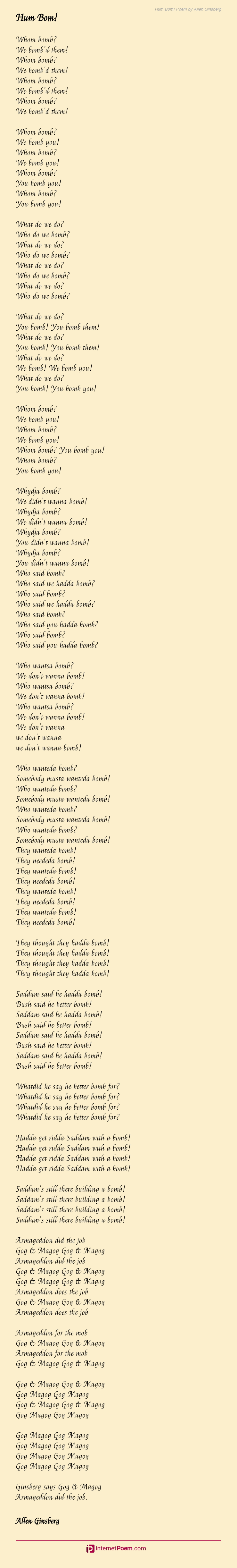 Hum Bom! Poem by Allen Ginsberg