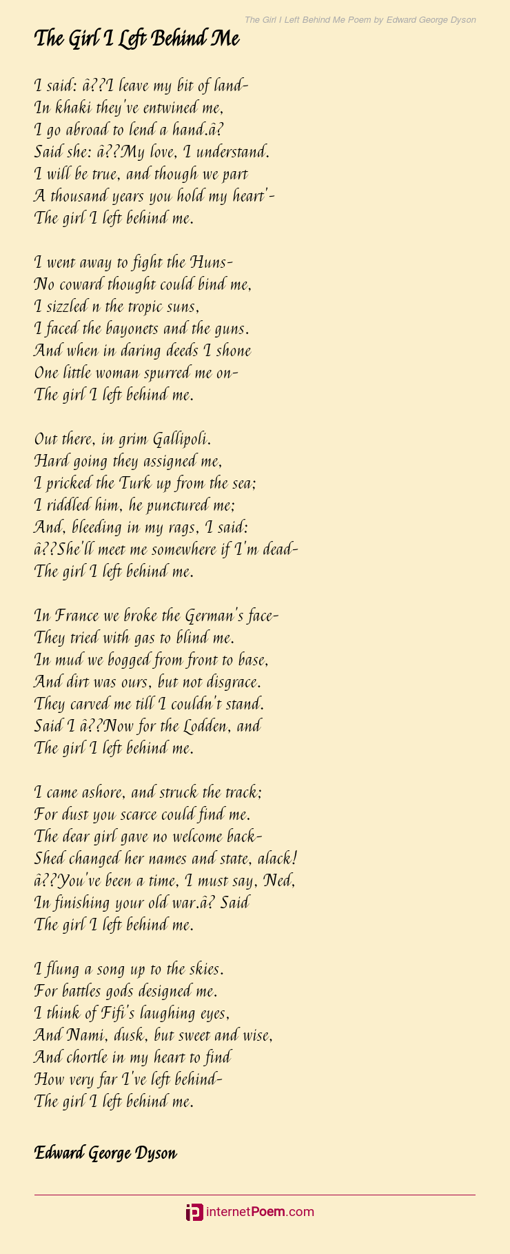 The Girl I Left Behind Me Poem by Edward George Dyson