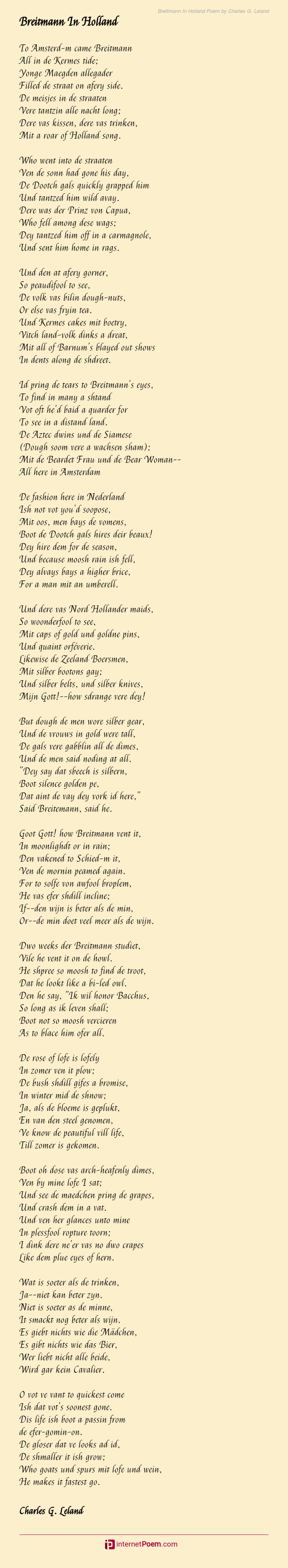 Breitmann In Holland Poem by Charles G. Leland