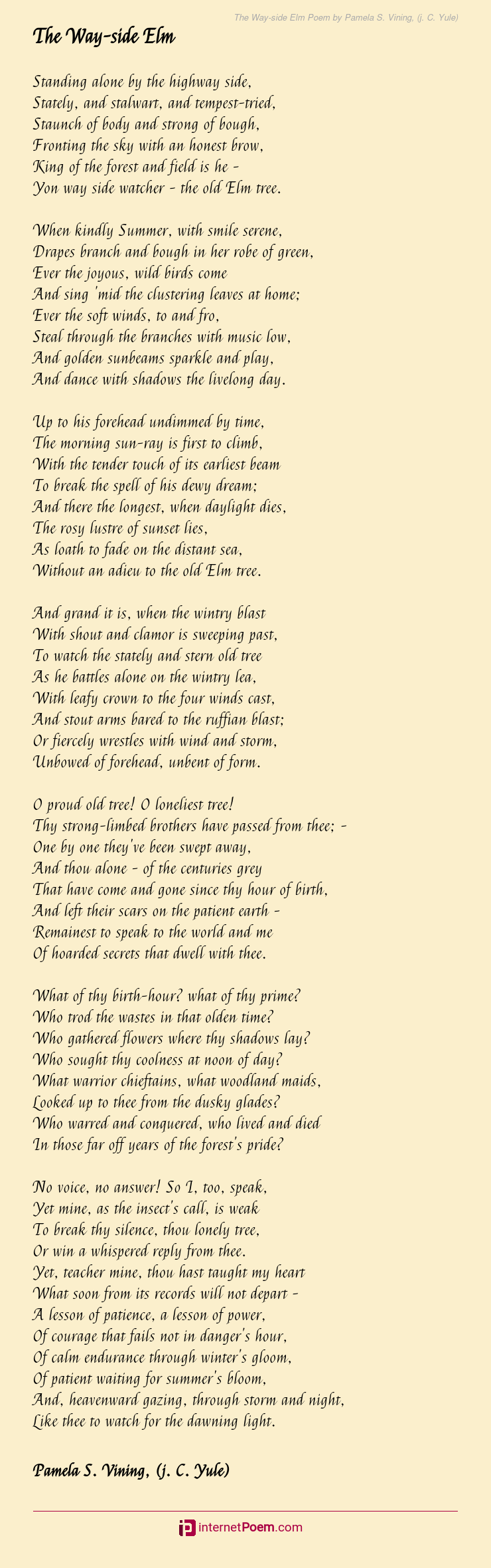 The Way-side Elm Poem by Pamela S. Vining, (j. C. Yule)
