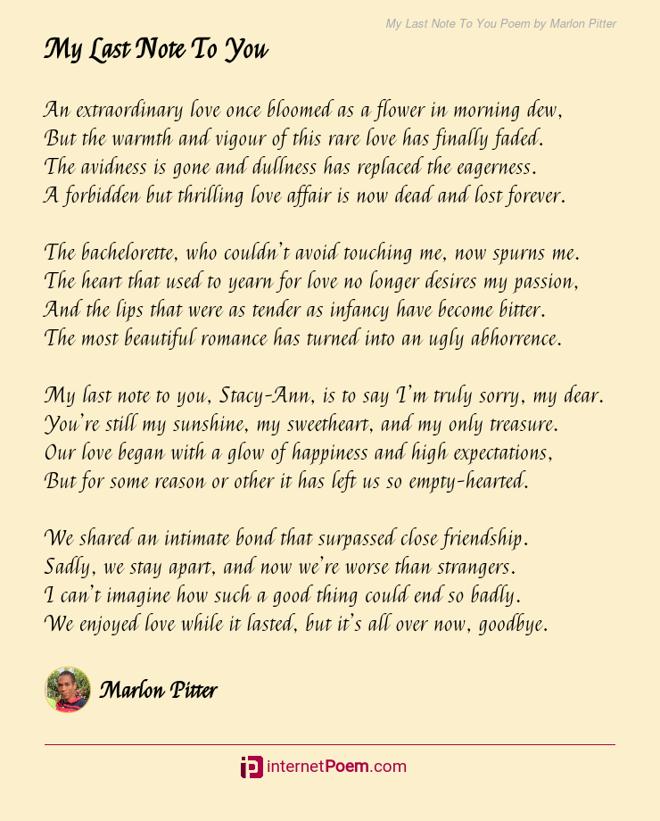 My Last Note To You Poem by Marlon Pitter