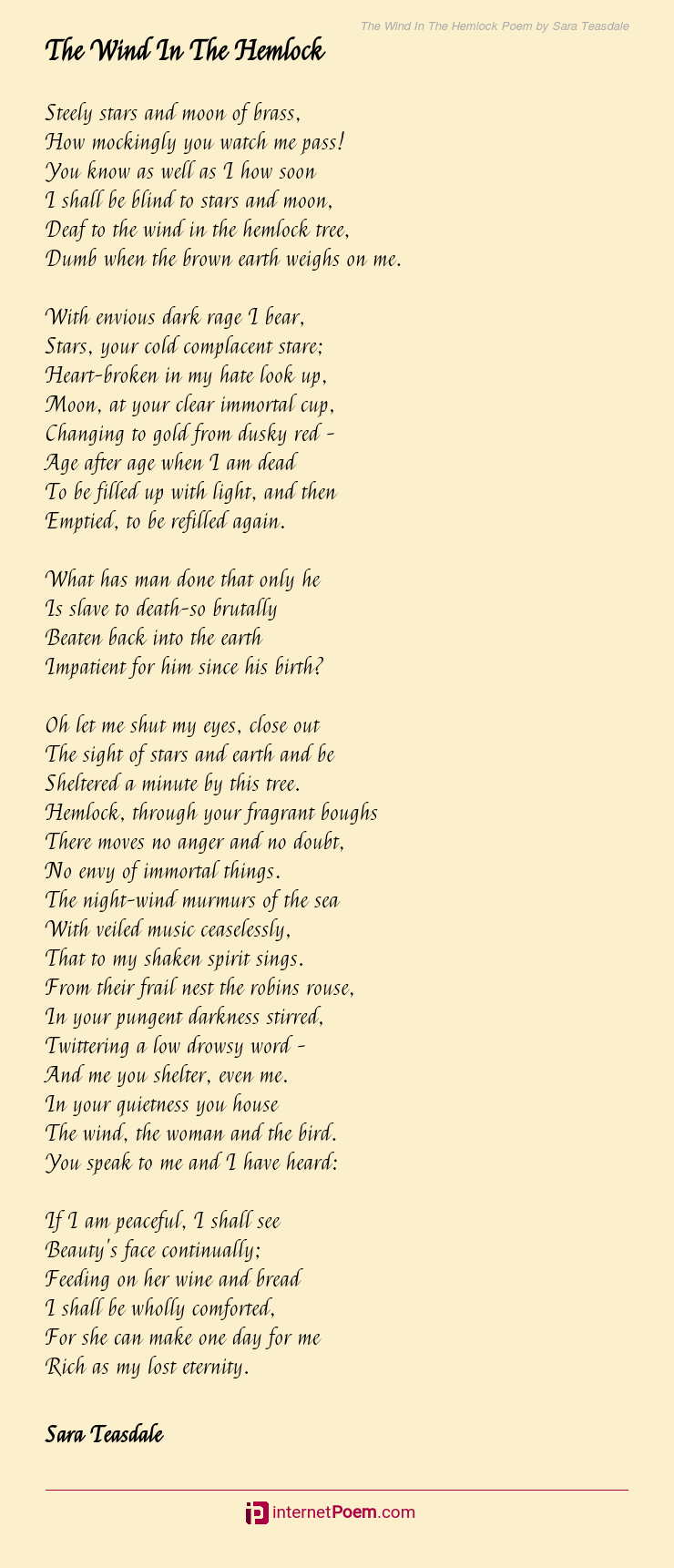 The Wind In The Hemlock Poem by Sara Teasdale