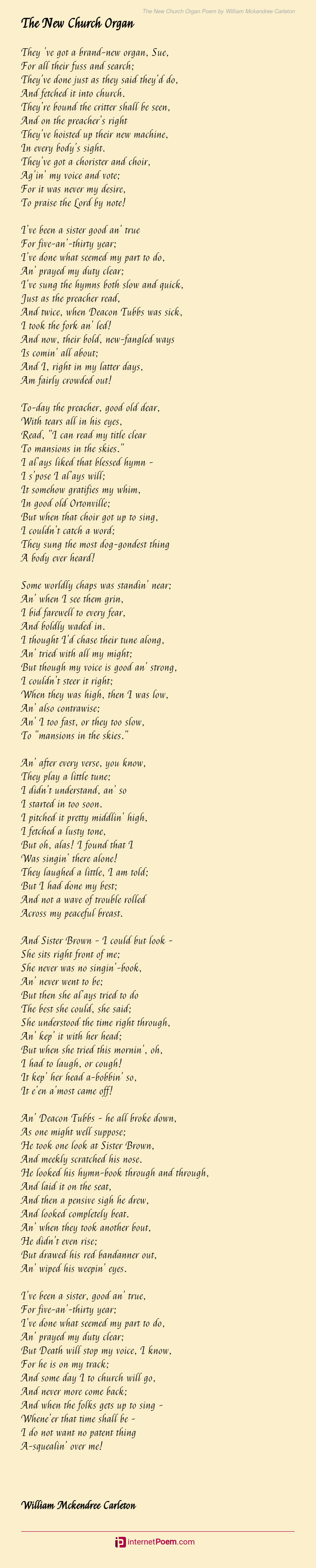 The New Church Organ Poem by William Mckendree Carleton