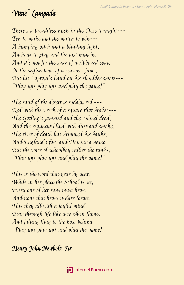 Vitaë¯ Lampada Poem by Henry John Newbolt, Sir