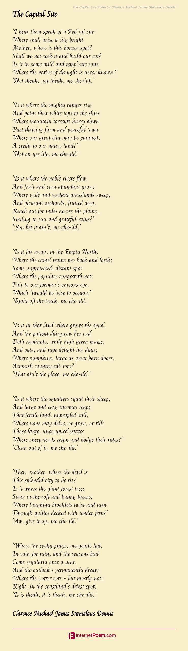 The Capital Site Poem by Clarence Michael James Stanislaus Dennis